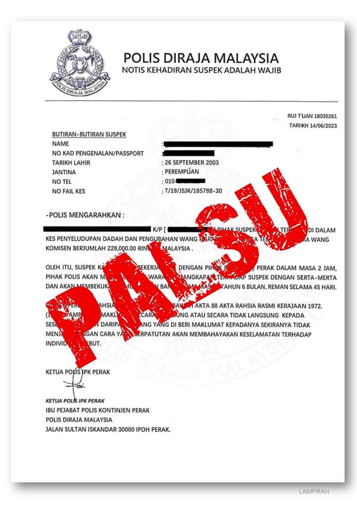 Scammer used State Police Chief 's signature to deceive victim | Ipoh Echo